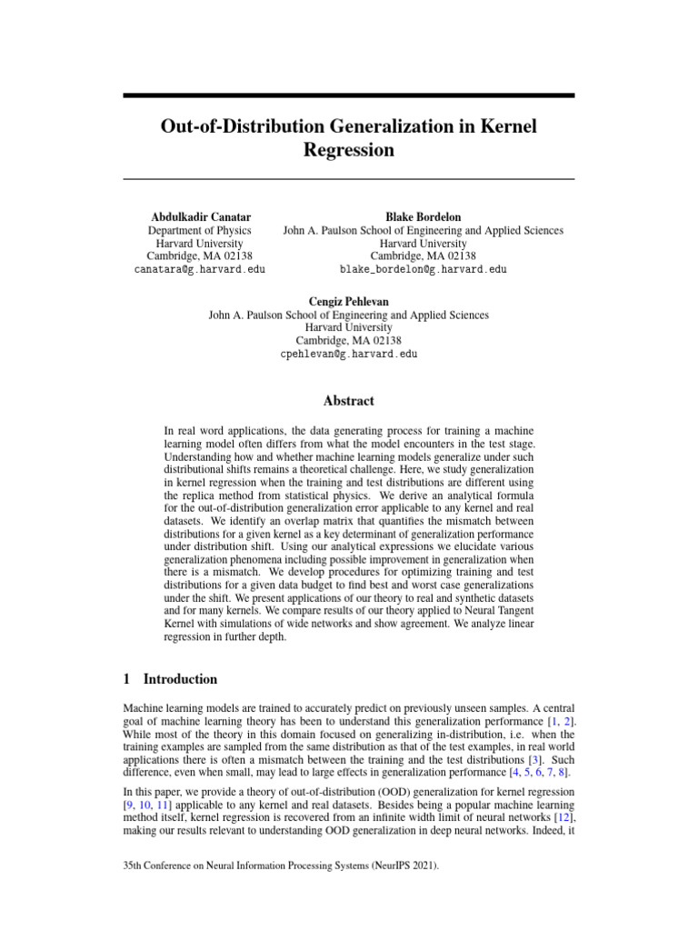 Out Of Distribution Generalization In Kernel Regression Paper Pdf
