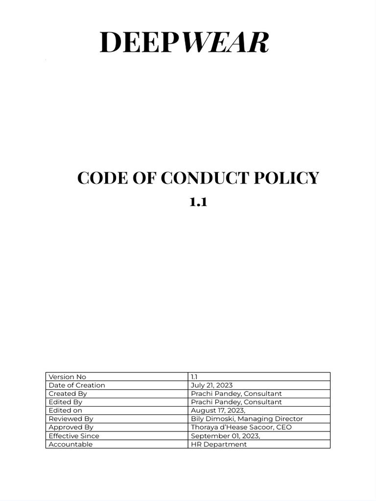 X.HR - CODE OF CONDUCT - Deepwear Office COC Policy Ver 1.2 | PDF