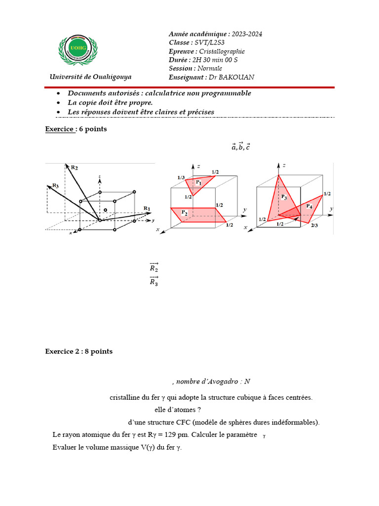 Devoir Cristallographie L2S3 2023-2024 | PDF