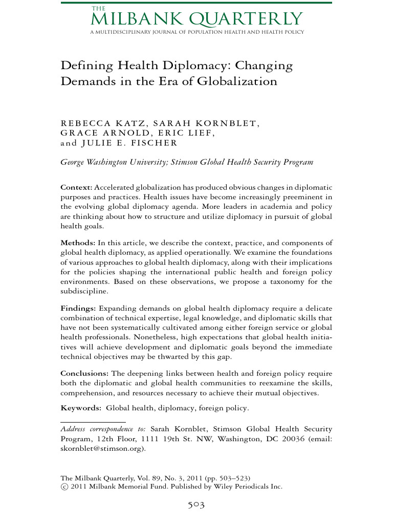 Defining Health Diplomacy - Changing Demands in The Era of ...