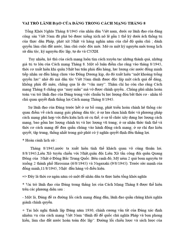 LSD - Vai Trò Lãnh Đ o C A Đ NG Trong Cách M NG Tháng 8 | PDF
