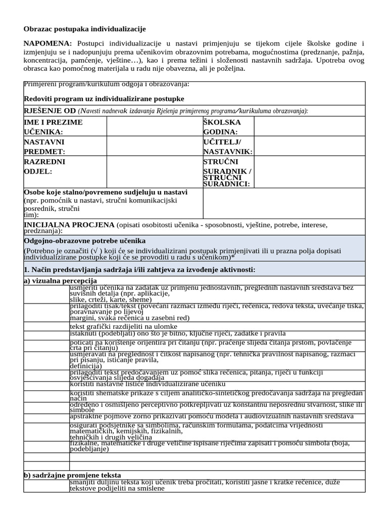Obrazac Individualizacije | PDF