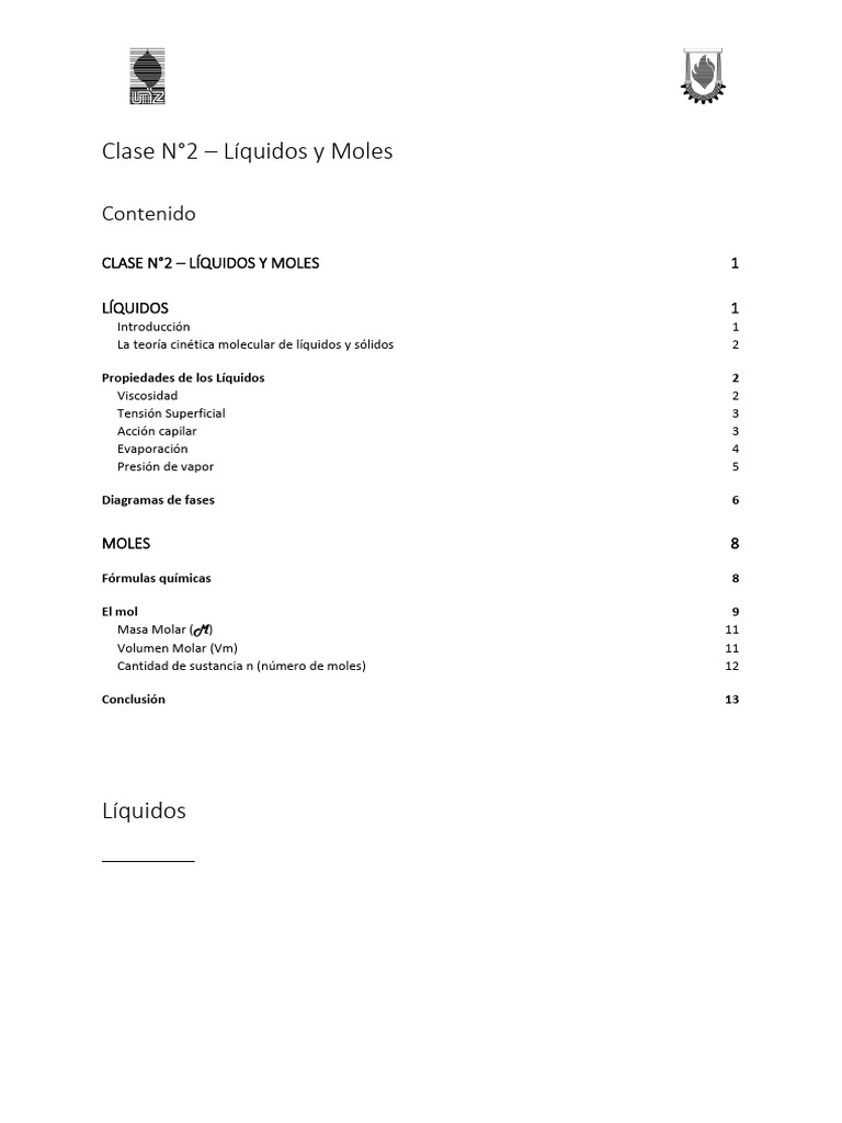 Teoría Clase N°2 - Líquidos y Moles | PDF | Mole (Unidad) | Fase (materia)