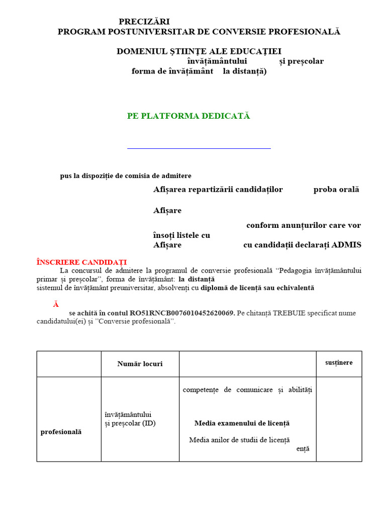 Precizari Admitere Conversie Pipp 2024 Site | PDF