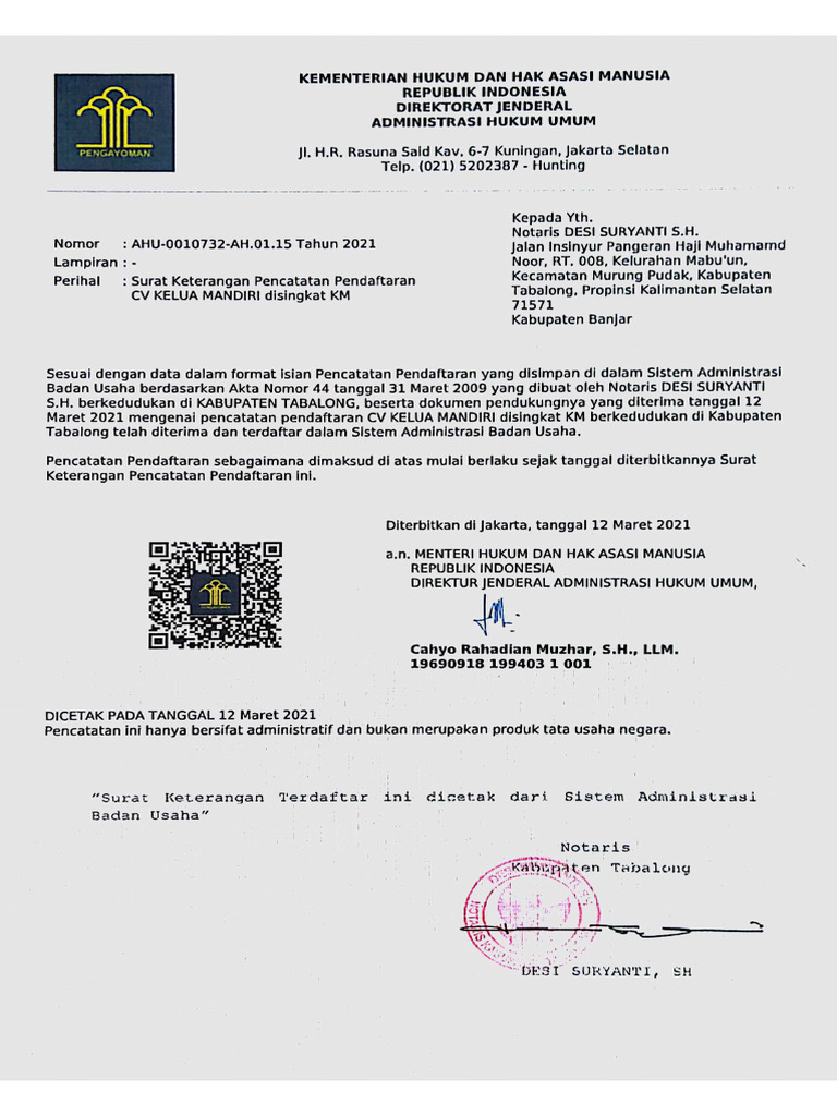 Lembar pengesahan Kemenkumham KM | PDF