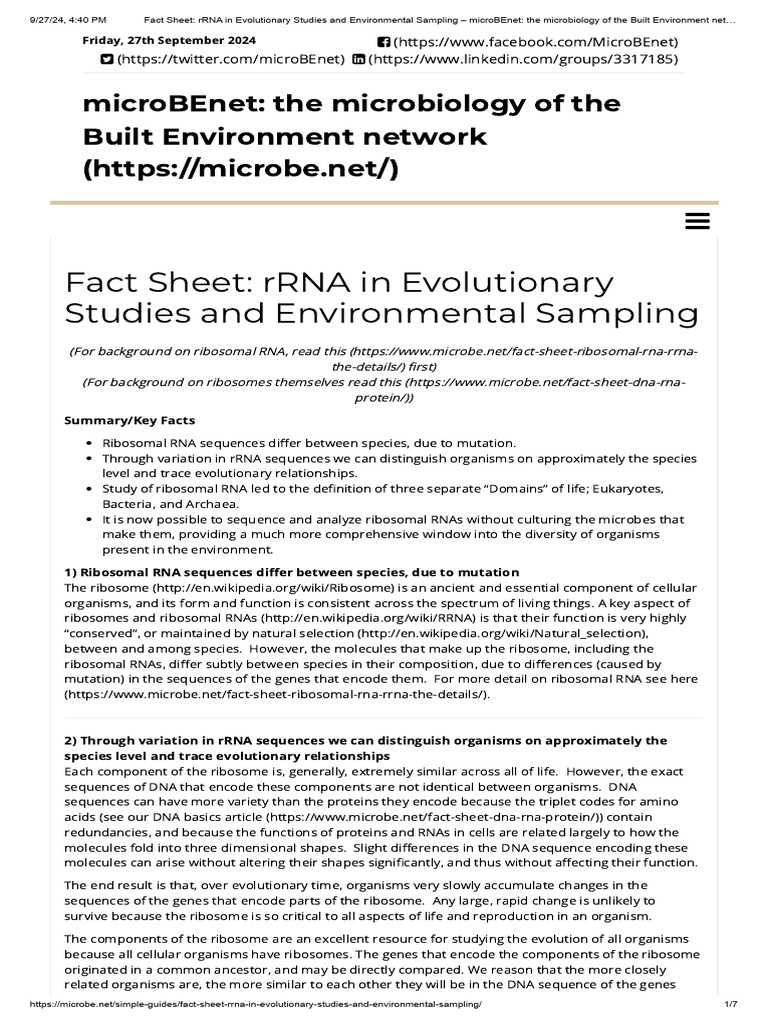 Fact Sheet - rRNA in Evolutionary Studies and Environmental Sampling - microBEnet - The ...