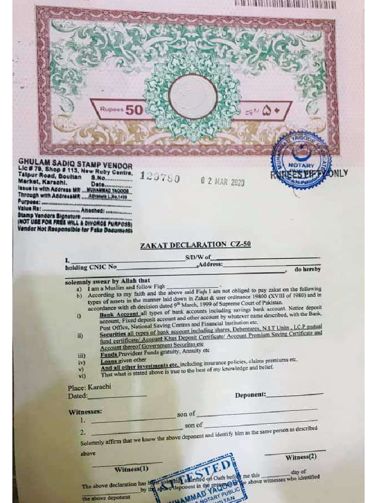 Sample of Zakat Declaration (Affidavit) | PDF