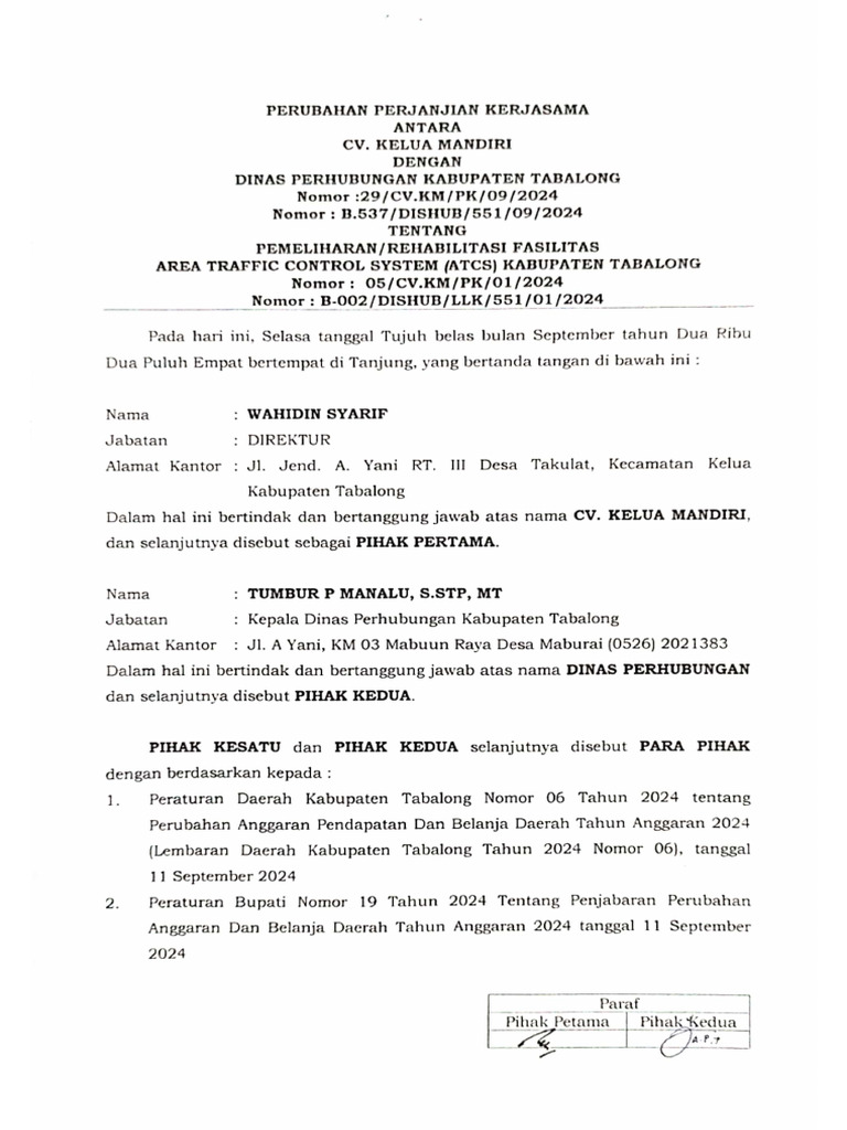 Perubahan Perjanjian Kerja Sama CV Kelua Mandiri | PDF
