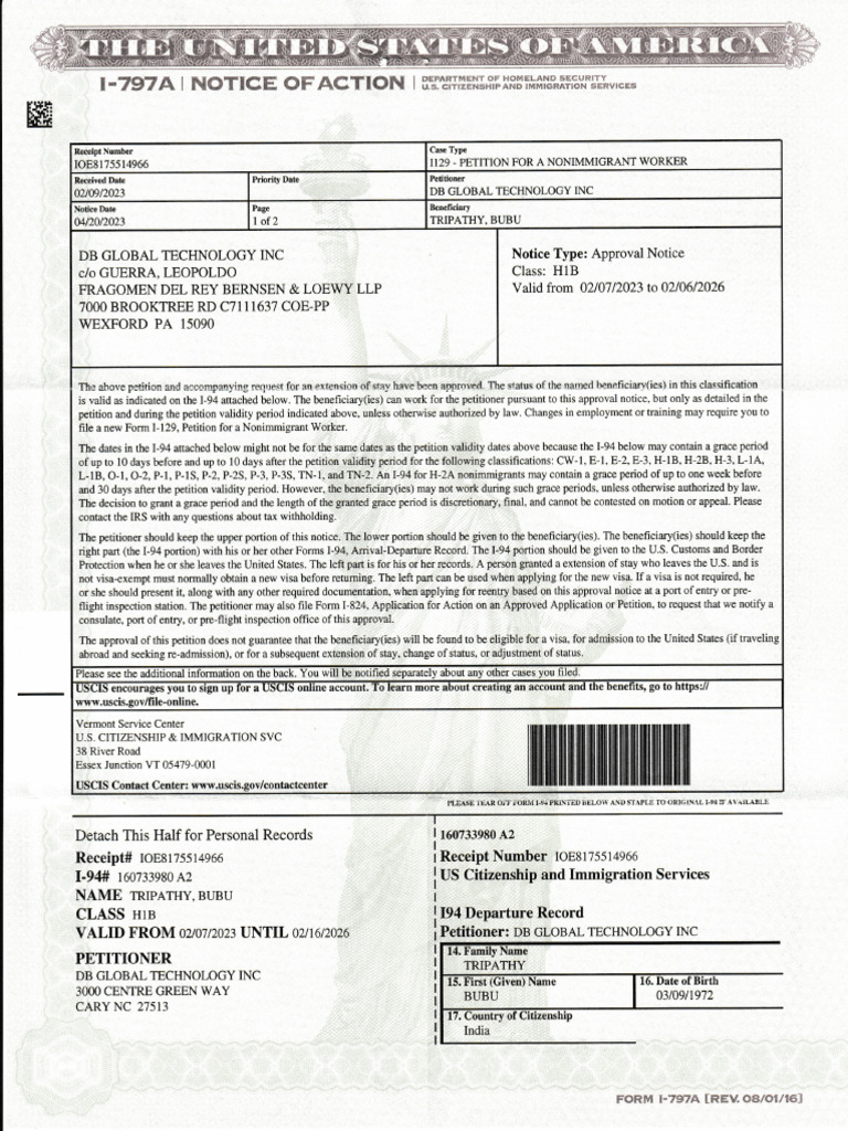 Bubu Tripathy Copy Latest I 797 (Visa) | PDF