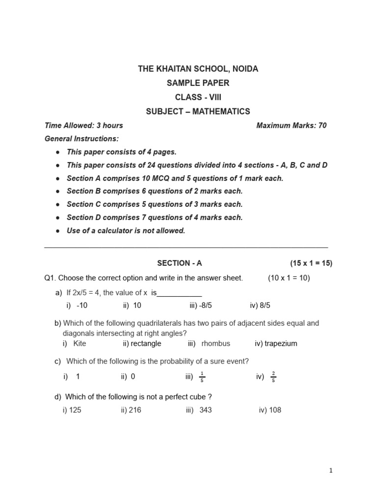 Sample Paper Class Viii Maths | PDF