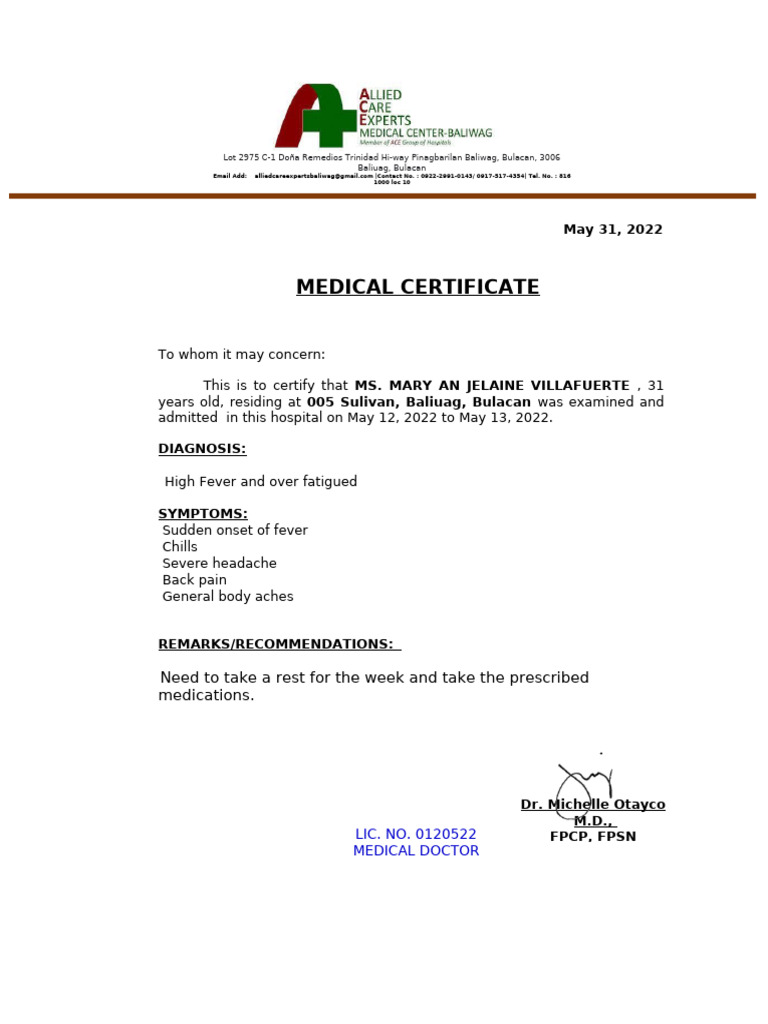 ACE MEDICAL CENTER - MEDICAL CERTIFICATE - Copy (1) | PDF