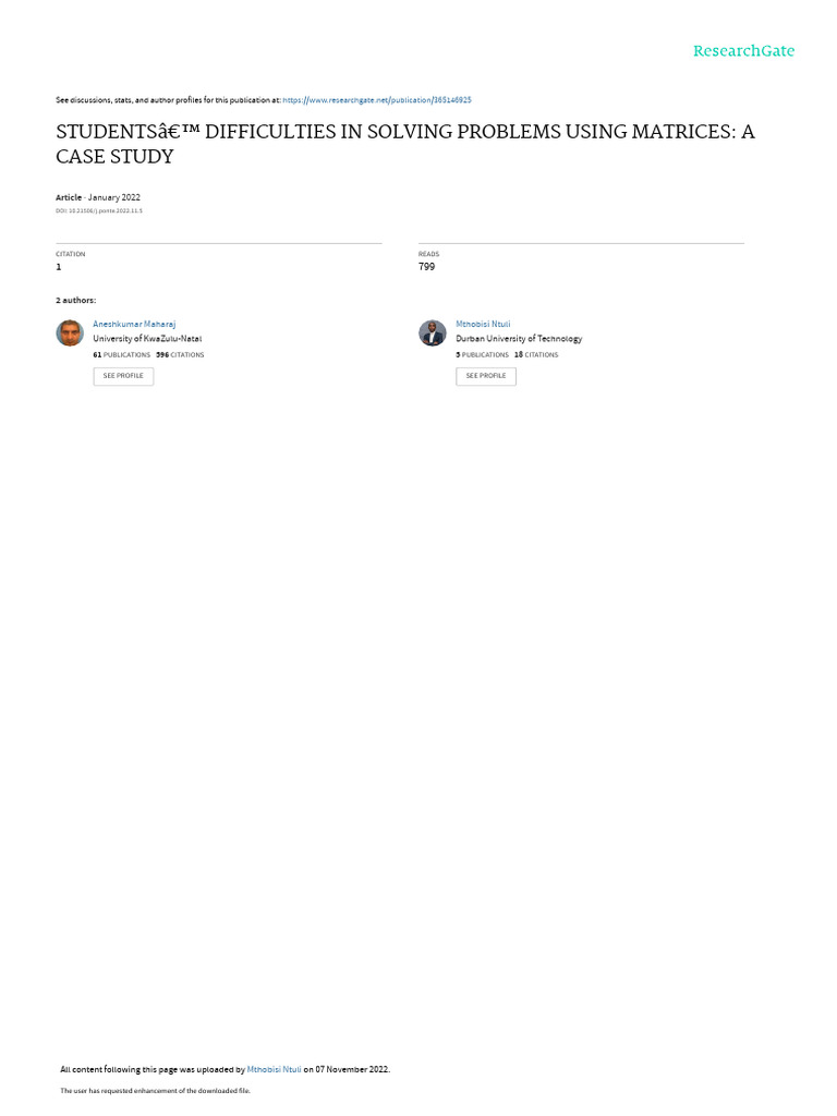 Studentsâ ™ Difficulties in Solving Problems Using Matrices: A Case ...