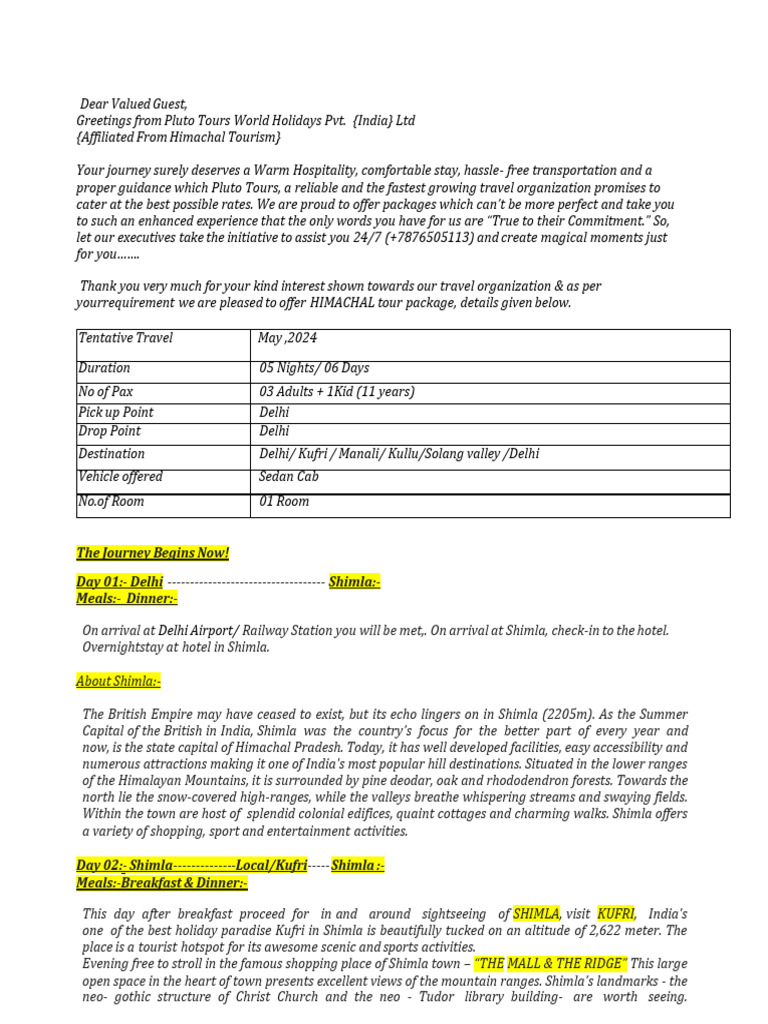 Tasnim Shimla Manali Tour Package 05nights 06days May 2024 | PDF