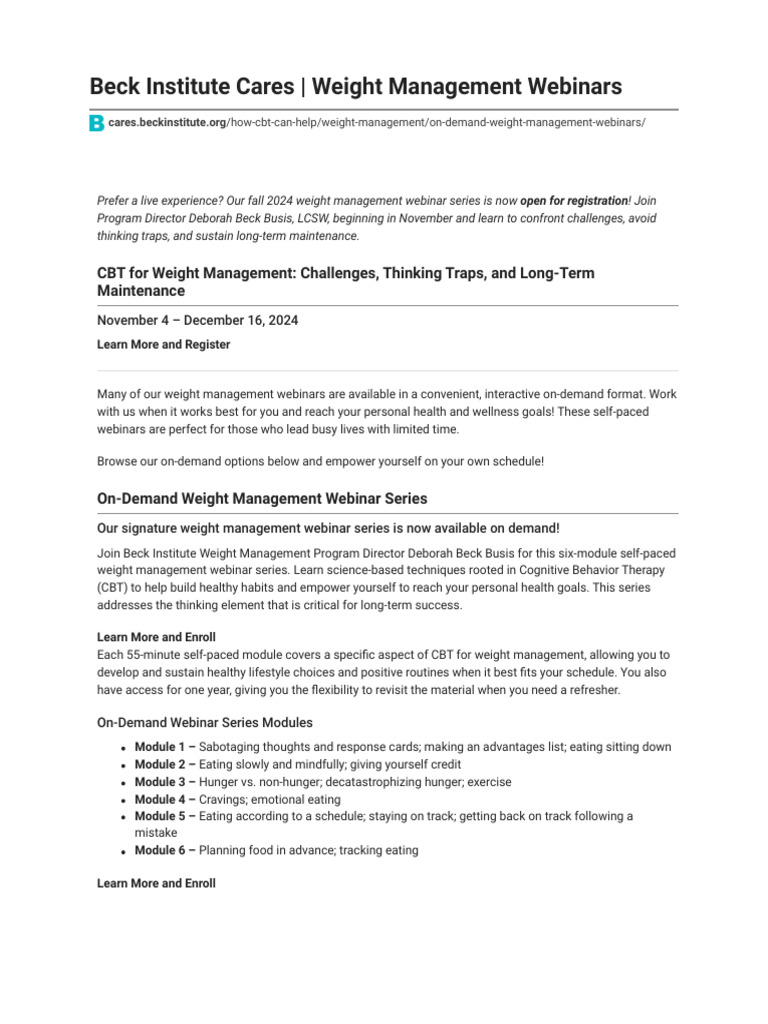 Beck Institute Cares - Weight Management Webinars | PDF