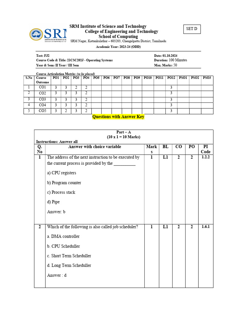 Set D Answer Key | PDF | Process (Computing) | Computers