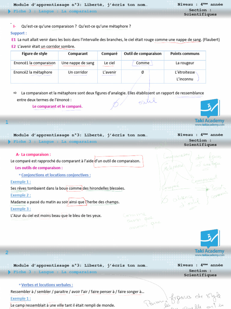 Fiche 3 Langue La Comparaison Et Le Métaphore Corrigé | PDF