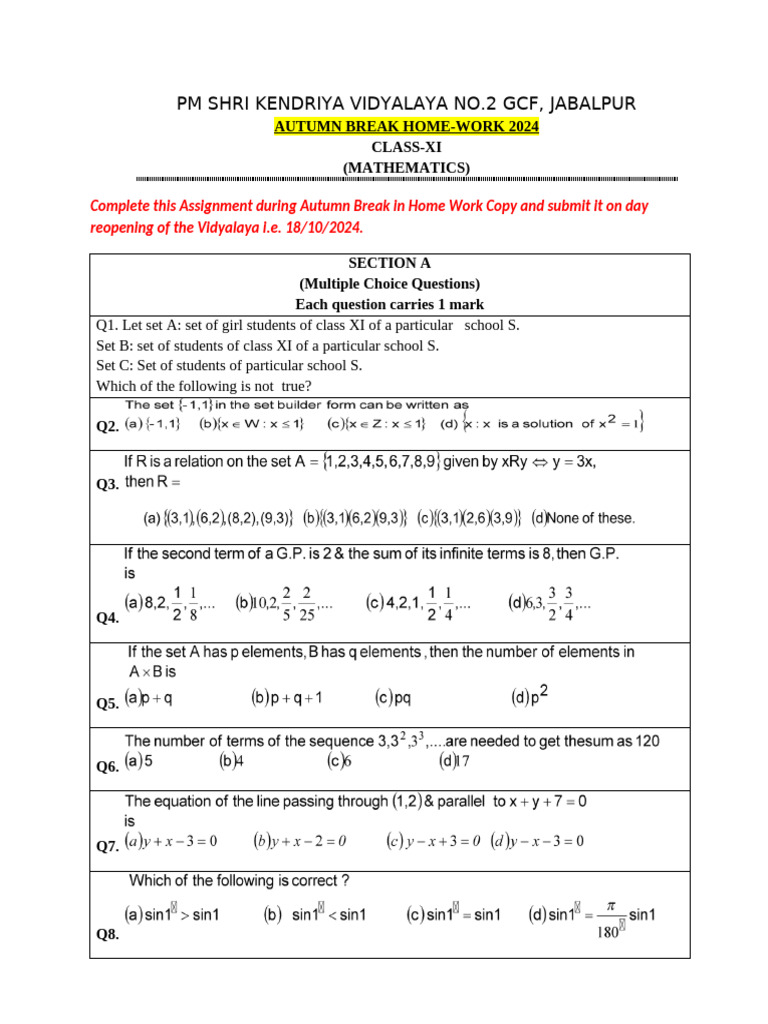 Autumn Break - 2024 - Homework Xi (Maths) | PDF