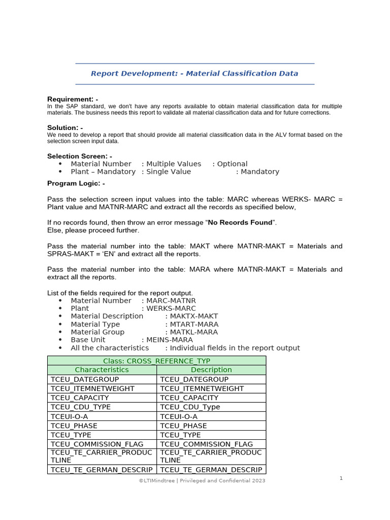 Functional Specification - Report Development - Material Classification Data | PDF