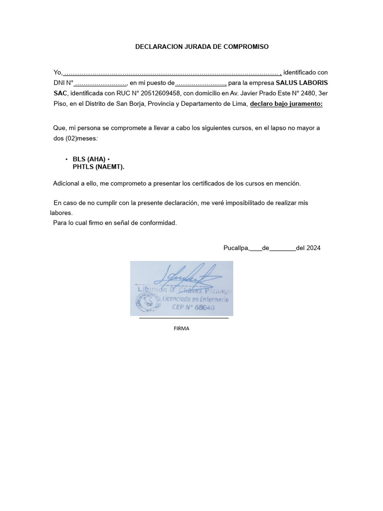 Declaracion Jurada de Compromiso - Libinson 11 | PDF