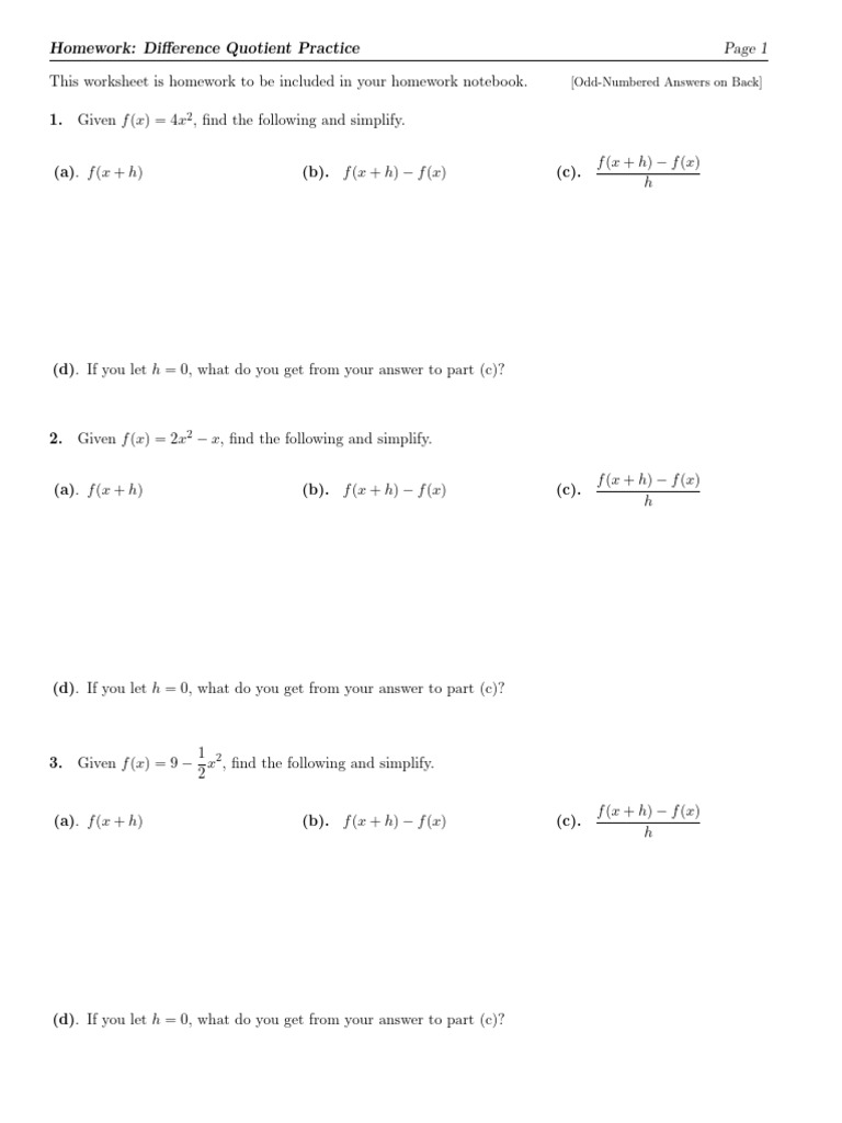 Pre-Calc (1.04b) Difference Quotient HMWK | PDF