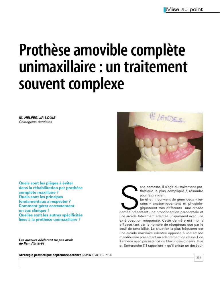 Prothèse Complète Unimaxillaire - M. Helfer Et JP. Louis | PDF