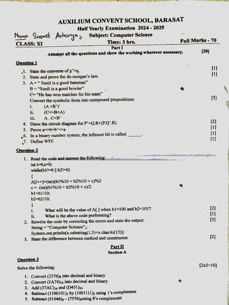 Computer Science Class 11 Half Yearly ACS BARASAT | PDF | Software ...
