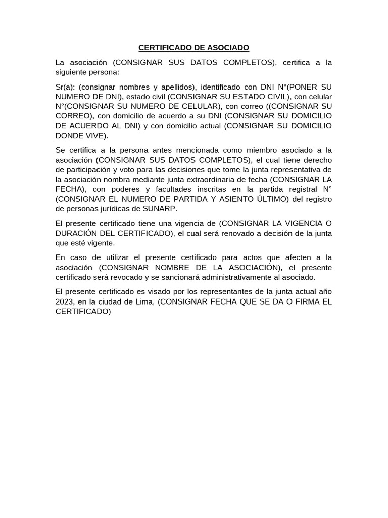 CERTIFICADO DE ASOCIADO | PDF
