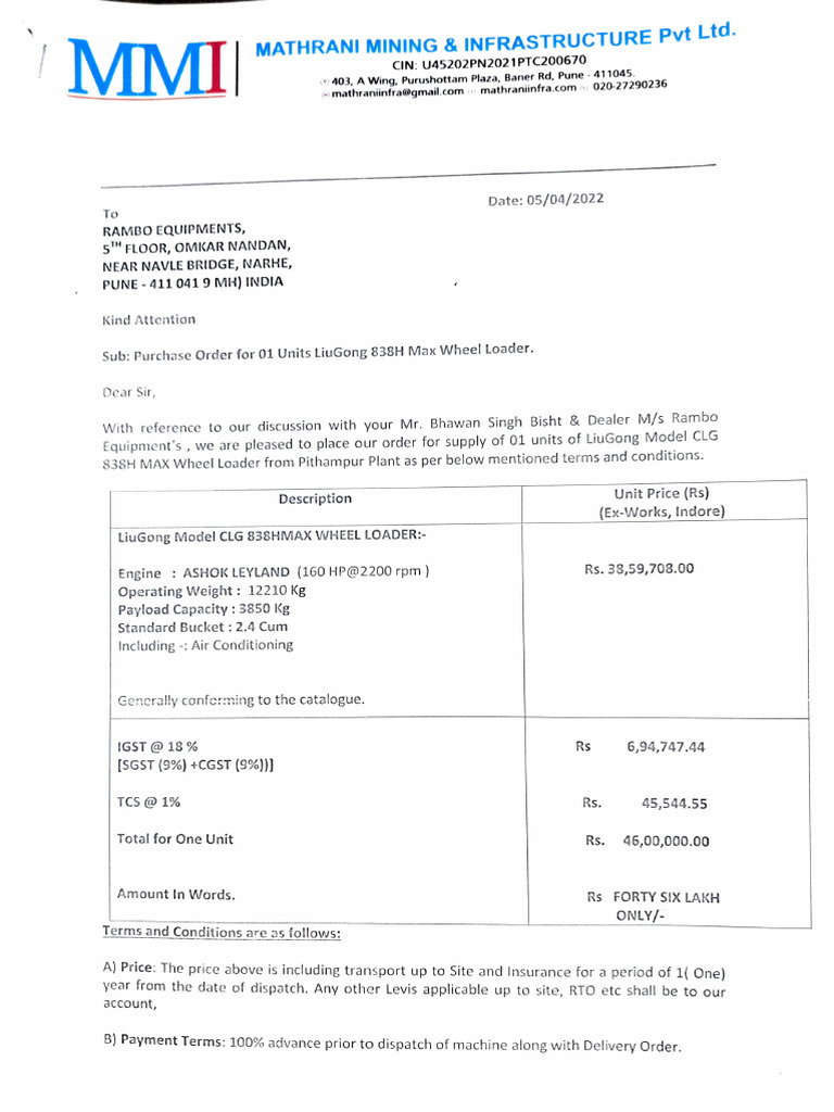 Actual PO MATHRANI INFRASTRUCTURES | PDF