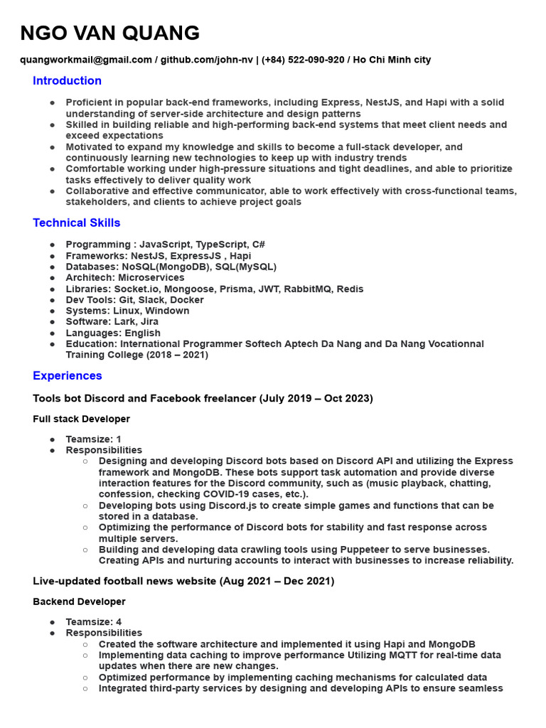 CV Ngovanquang Backend | PDF