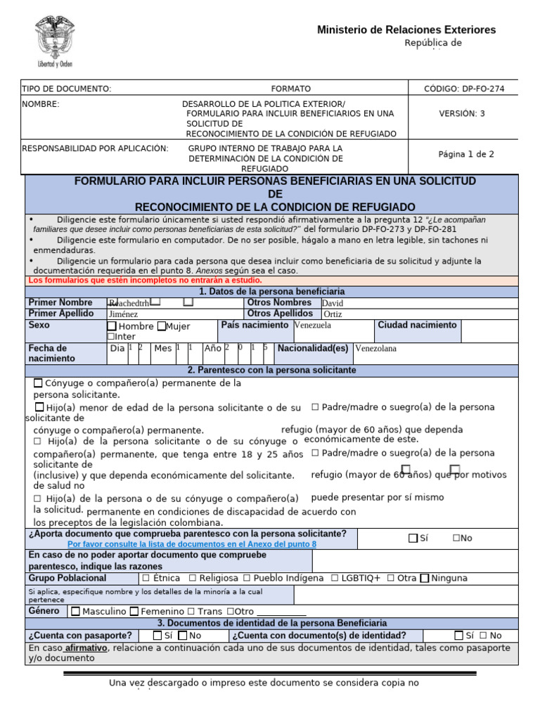 Version 3 DP-FO-274 FORMULARIO PARA INCLUIR BENEFICIARIOS EN UNA SOLICITUD DE RECONOCIMIENTO DE ...