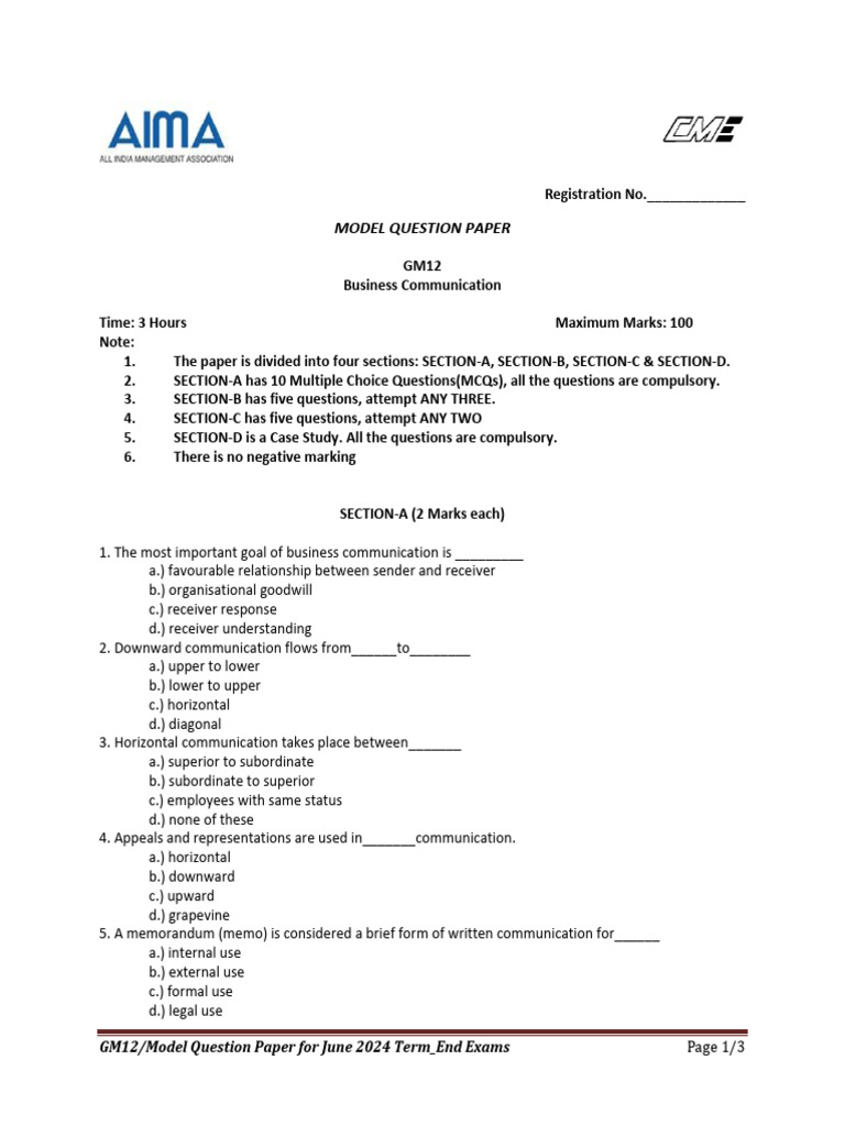 Model Question Paper - June 2024 Term-End Exams | PDF