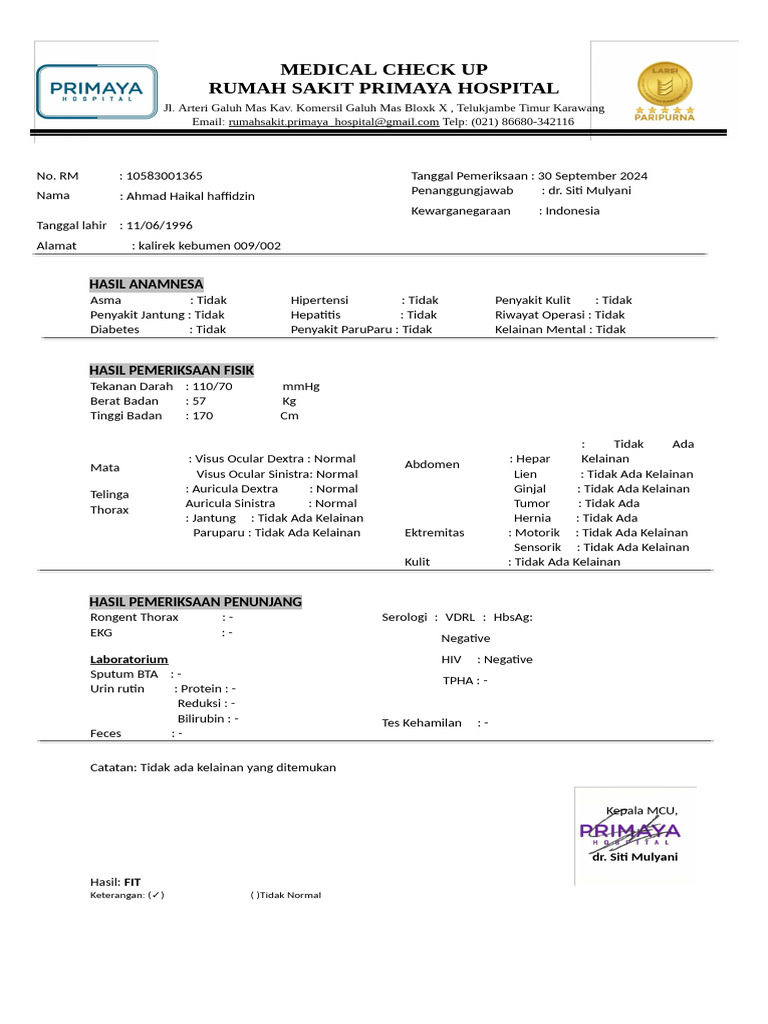 Hasil Pemeriksaan Medical Check Up | PDF