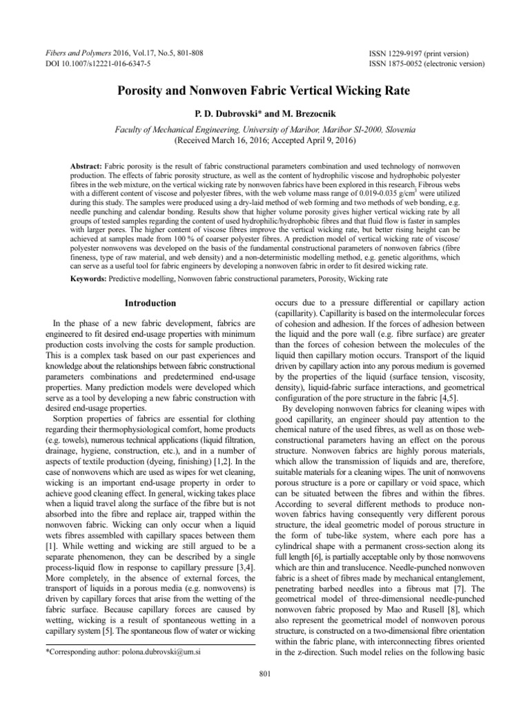 Porosity and Nonwoven Fabric Vertical Wicking Rate | PDF
