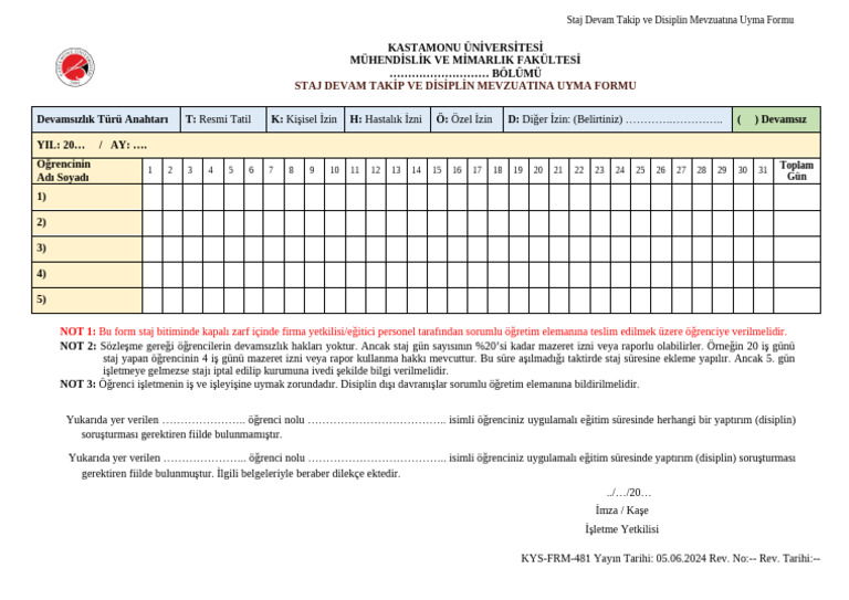 KYS-FRM-481 Staj - Devam - Takip - Ve - Disiplin - Mevzuatina - Uyma - Formu | PDF