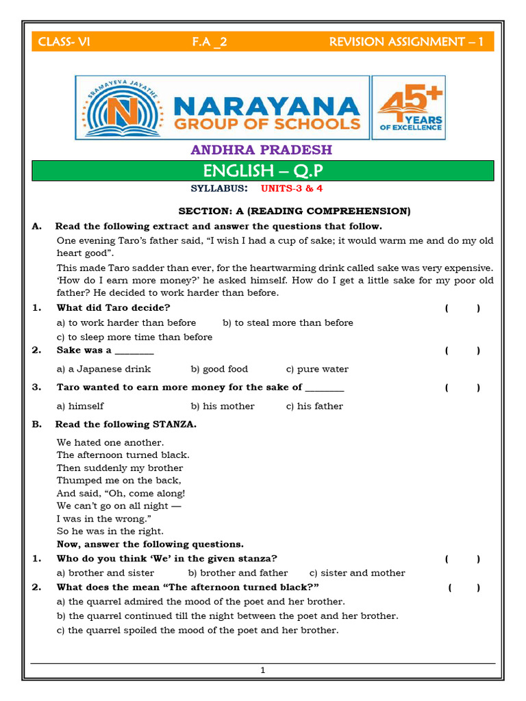 ENGLISH - A.P SSC VI ENGLISH - F.A-2 REVISION ASSIGNMENT - 1 - Assignment | PDF