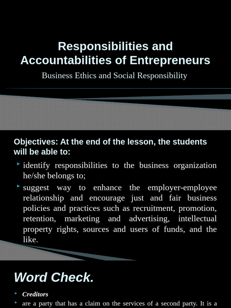 Responsibilities and Accountabilities of Entrepreneurs | PDF