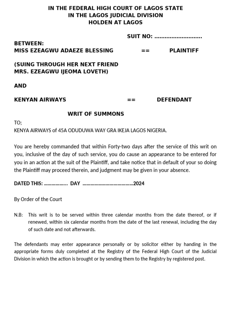 WRIT OF SUMMONS Kenyan Airways | PDF