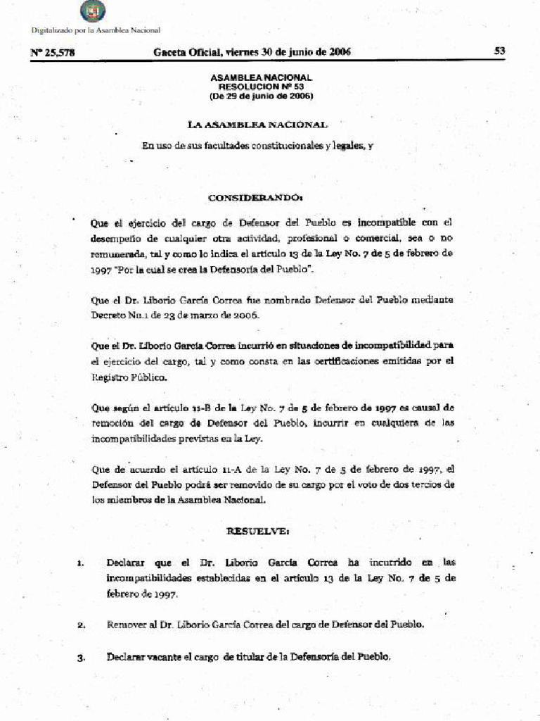 Destitucion Defensor Del Pueblo Liborio Garcia | PDF