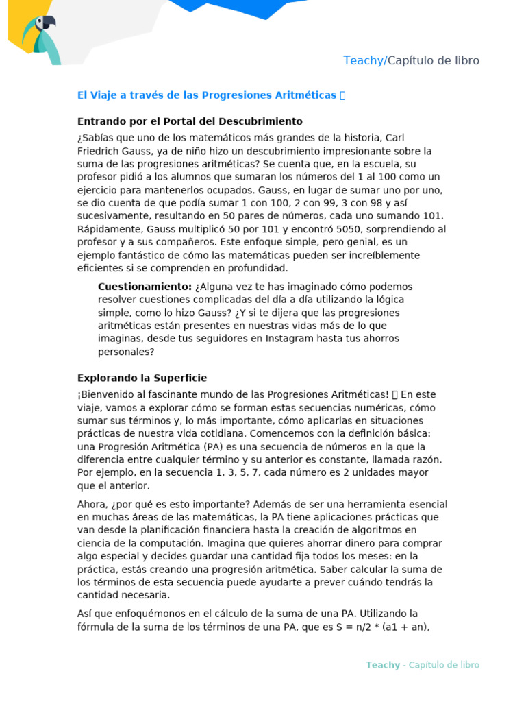 El Viaje A Traves de Las Progresiones Aritmeticas | PDF