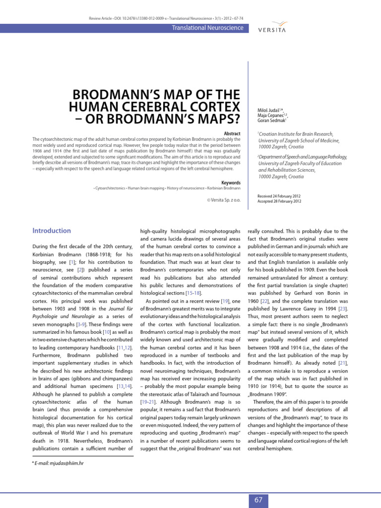 Brodmann'S Map of The Human Cerebral Cortex - or Brodmann'S Maps? | PDF