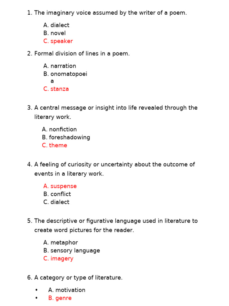 Multiple Questions On Literary Terms | PDF