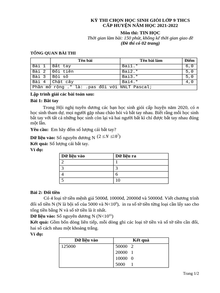 De Thi HSG Cap Huyen 2021-2022 | PDF