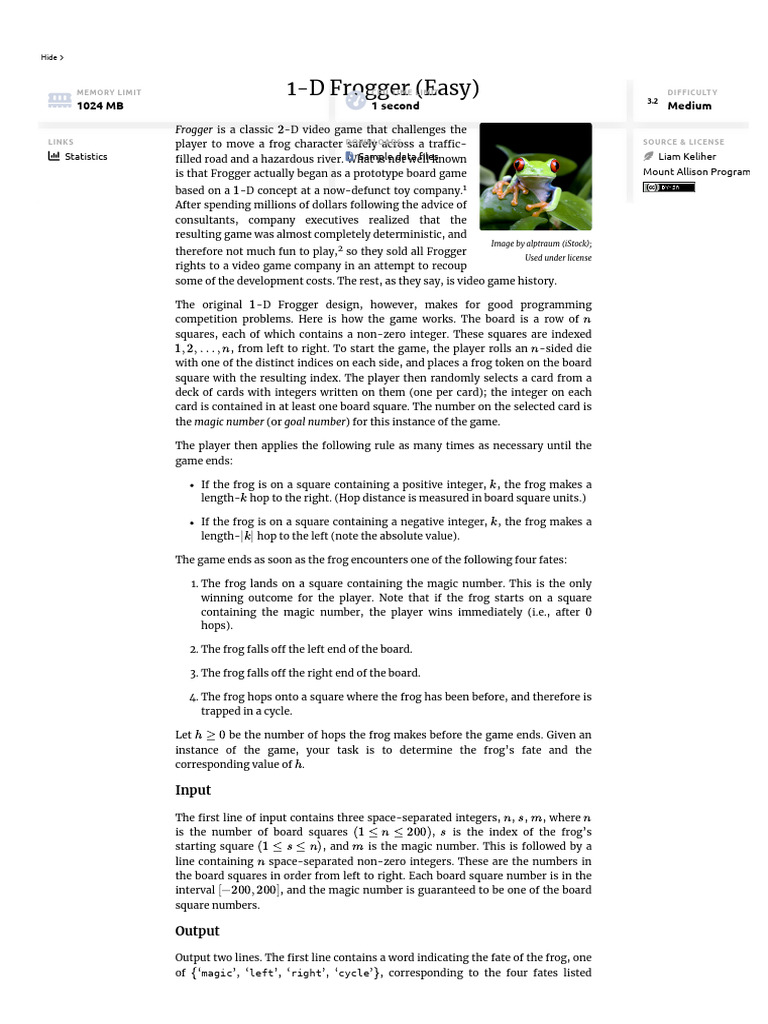 1-D Frogger (Easy) - Kattis, Kattis | PDF