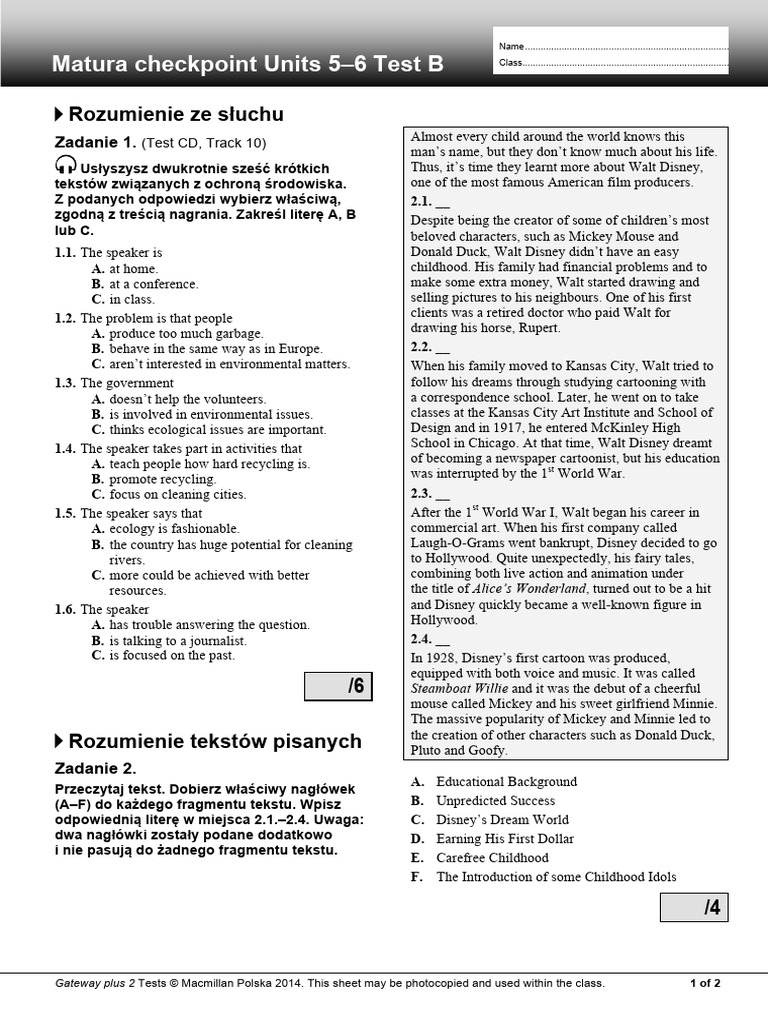 Matura Checkpoint Units 5-6 Test B | PDF