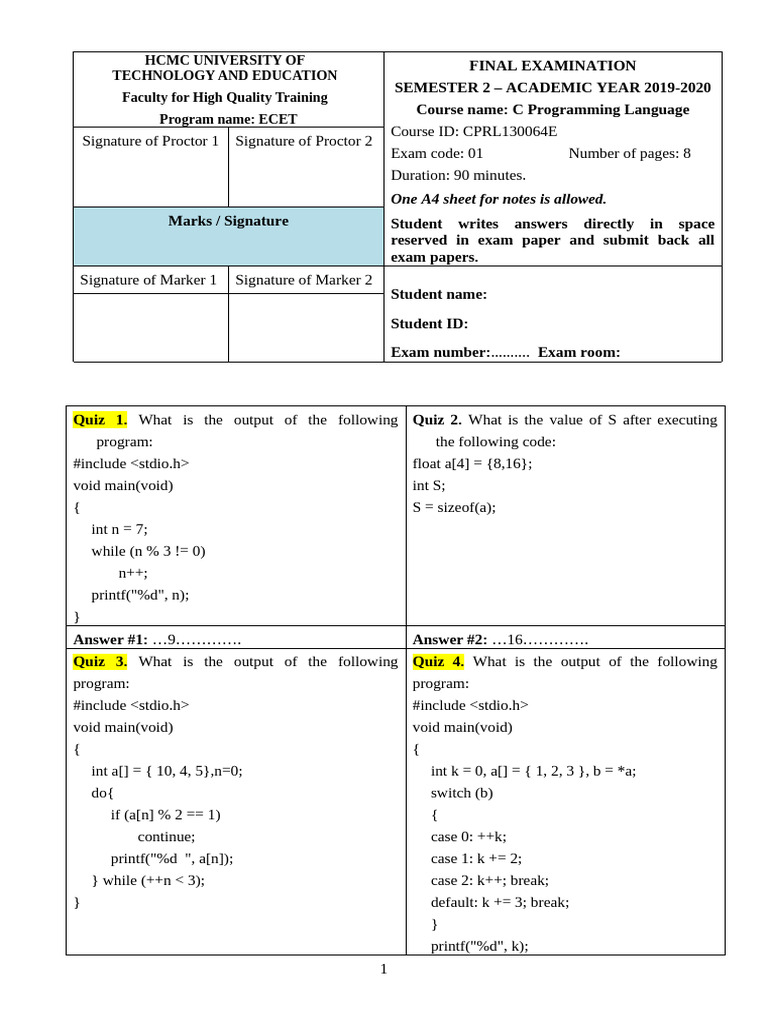 C Programming Exam Quiz | PDF | Object Oriented Programming | Computer Engineering
