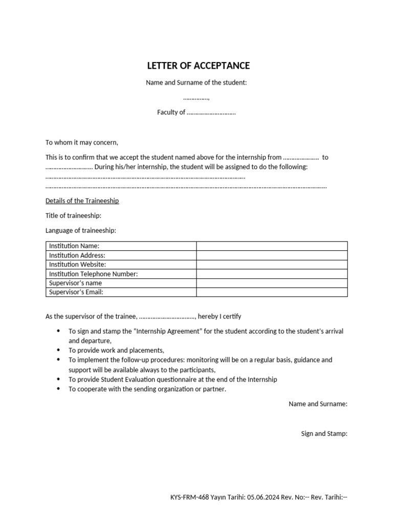 KYS-FRM-468 Kabul Mektubu Staj Yurtdisi | PDF