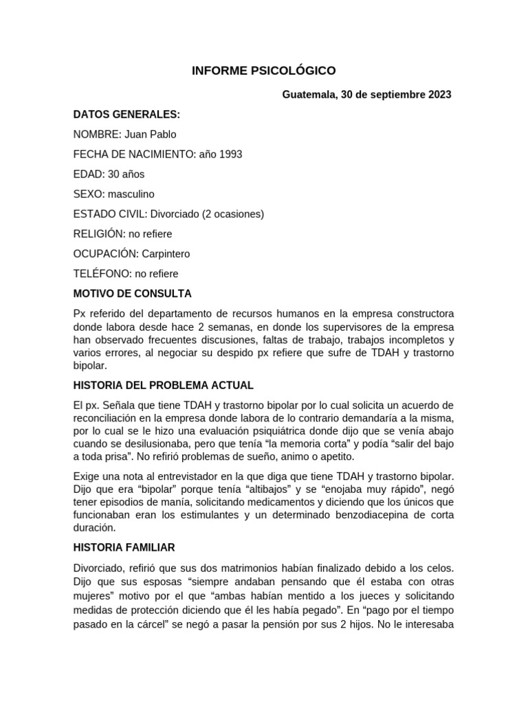 EJEMPLOS DE INFORME PSICOLOGICO | PDF