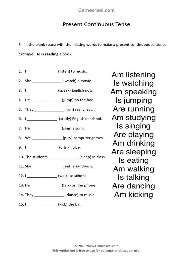 Present Continuous Exercise Worksheet 1 Positive | PDF | Language Arts ...