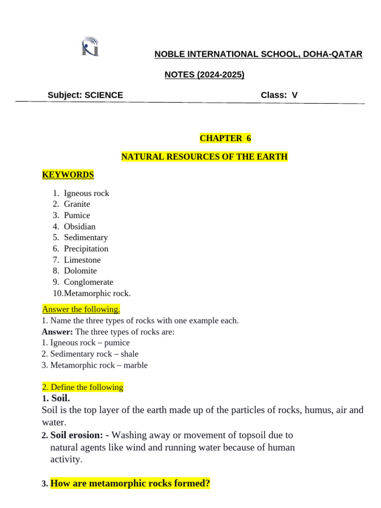 Noble International School, Doha-Qatar NOTES (2024-2025) Subject ...