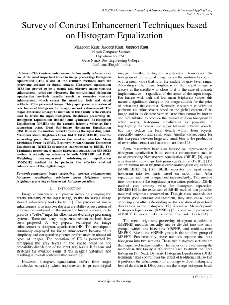 Paper 21-Survey of Contrast Enhancement Techniques Based On Histogram Equalization | PDF | Image ...